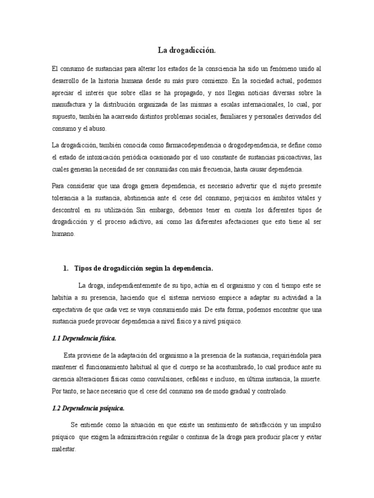 Trabajo Sobre La Drogadicción. | Descargar gratis PDF | La dependencia de sustancias | Drogas