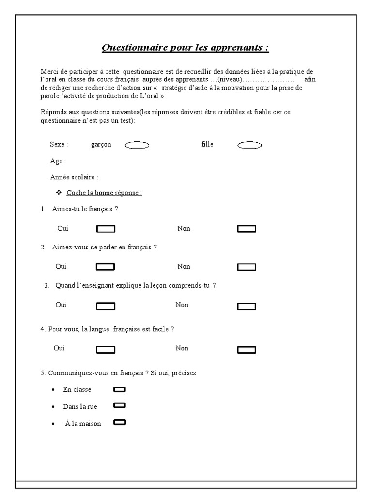 Questionnaire sur la pratique orale en français | PDF | Évolution de ...