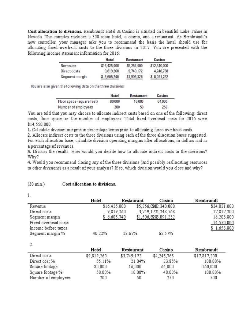 Allocating Costs to Hotel Divisions | PDF | Business Economics | Payments