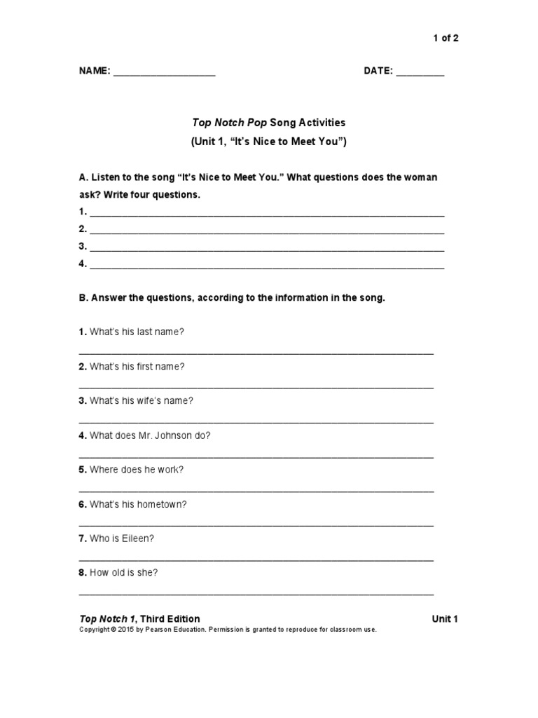 Top Notch Pop Song Activities: (Unit 1, "It's Nice To Meet You") | PDF ...