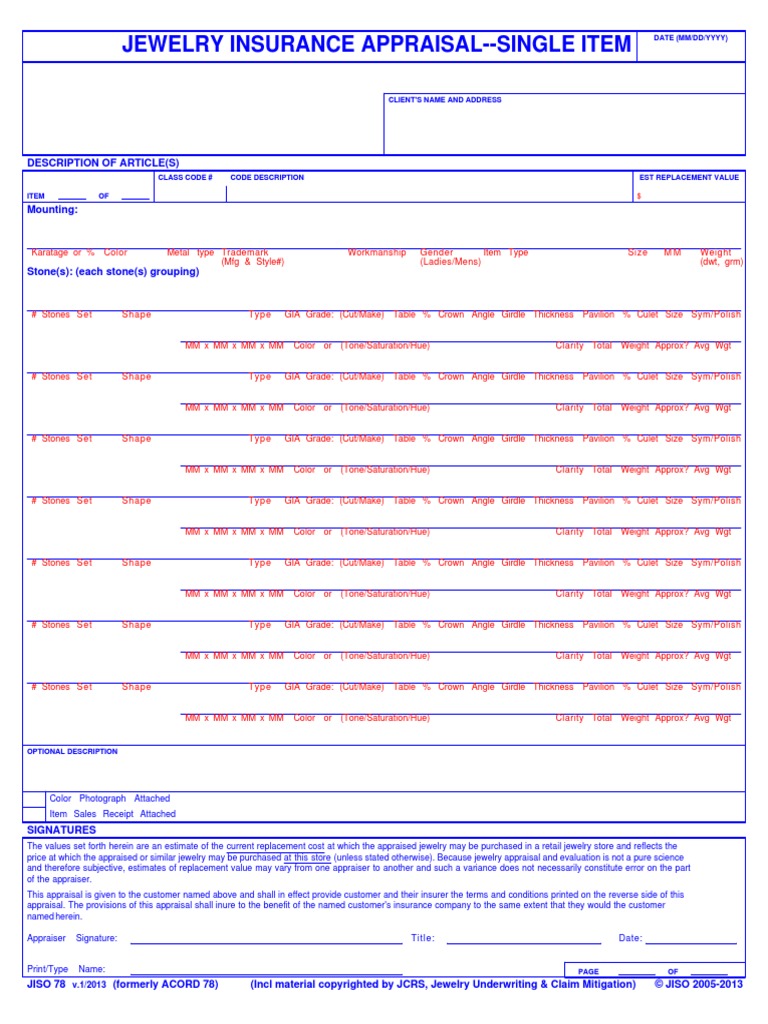 Jewelry Insurance Appraisal - Single Item: Description of Article (S ...