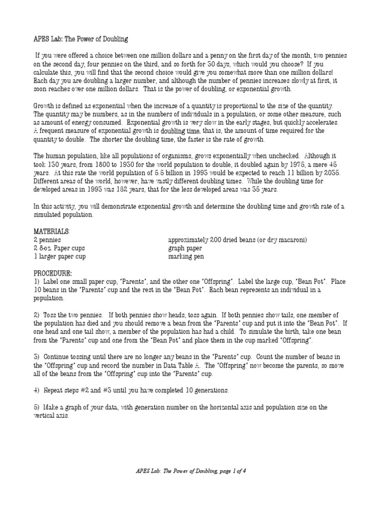 APES Lab: The Power of Doubling, Page 1 of 4 | PDF | Teaching ...