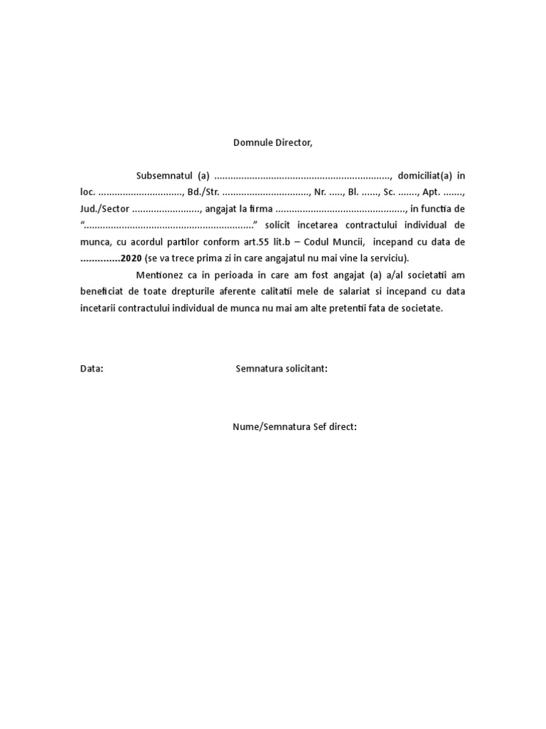 Cerere Incetare Activitate Cu Acordul Partilor | PDF