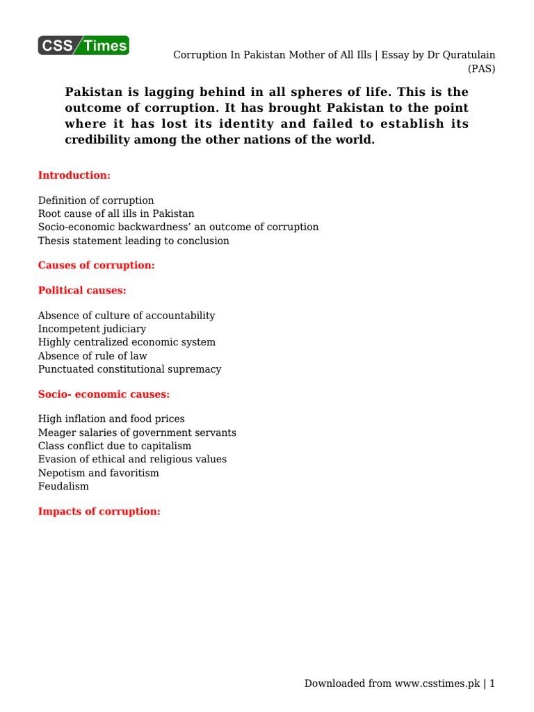 Corruption in Pakistan Mother of All Ills - Essay by DR Quratulain (PAS ...