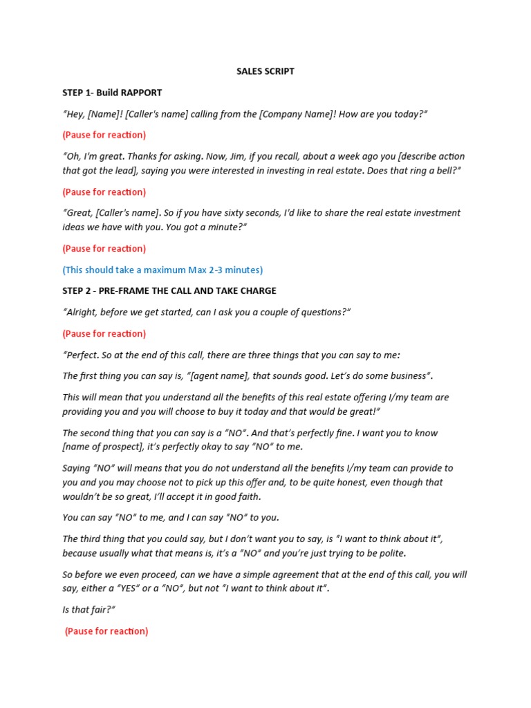 (Pause For Reaction) : Sales Script Step 1-Build Rapport | PDF | Real ...