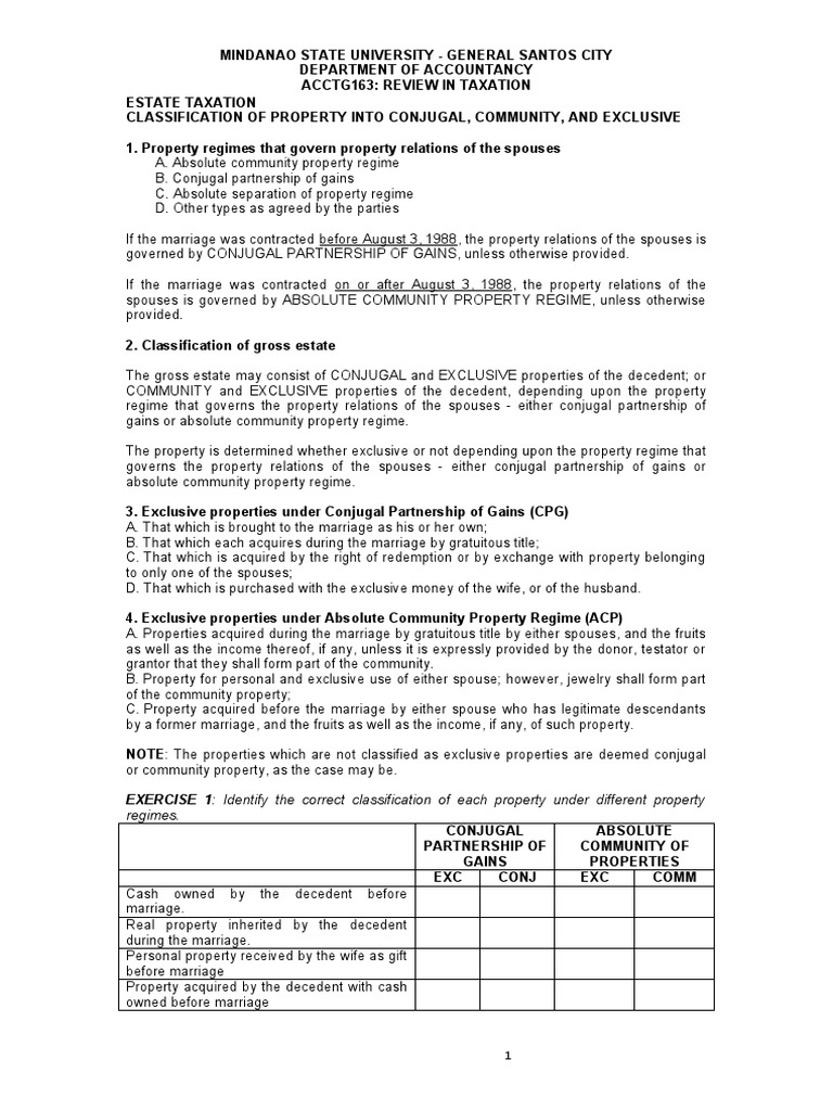 EXERCISE 1: Identify The Correct Classification of Each Property Under ...