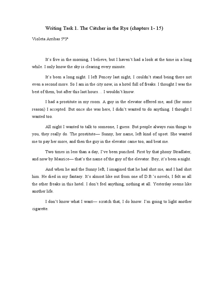 Writing Task 1. The Cátcher in The Rye (Chapters 1-15) | PDF