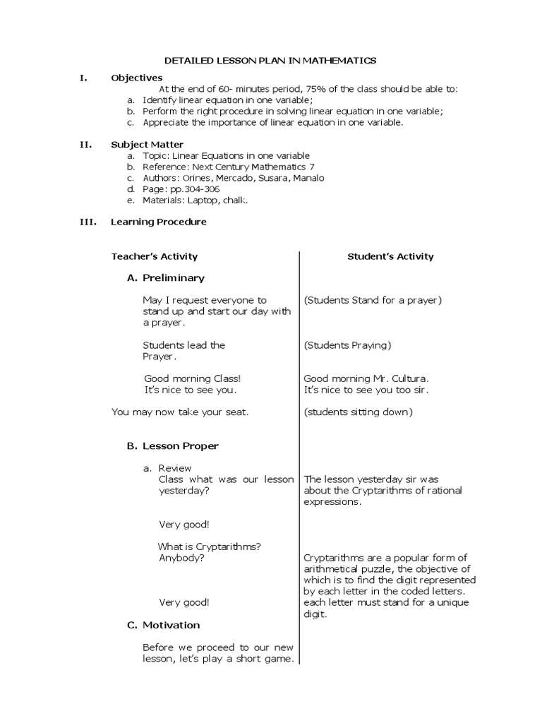 Detailed Lesson Plan in Mathematics I. Objectives: A. Preliminary | PDF ...