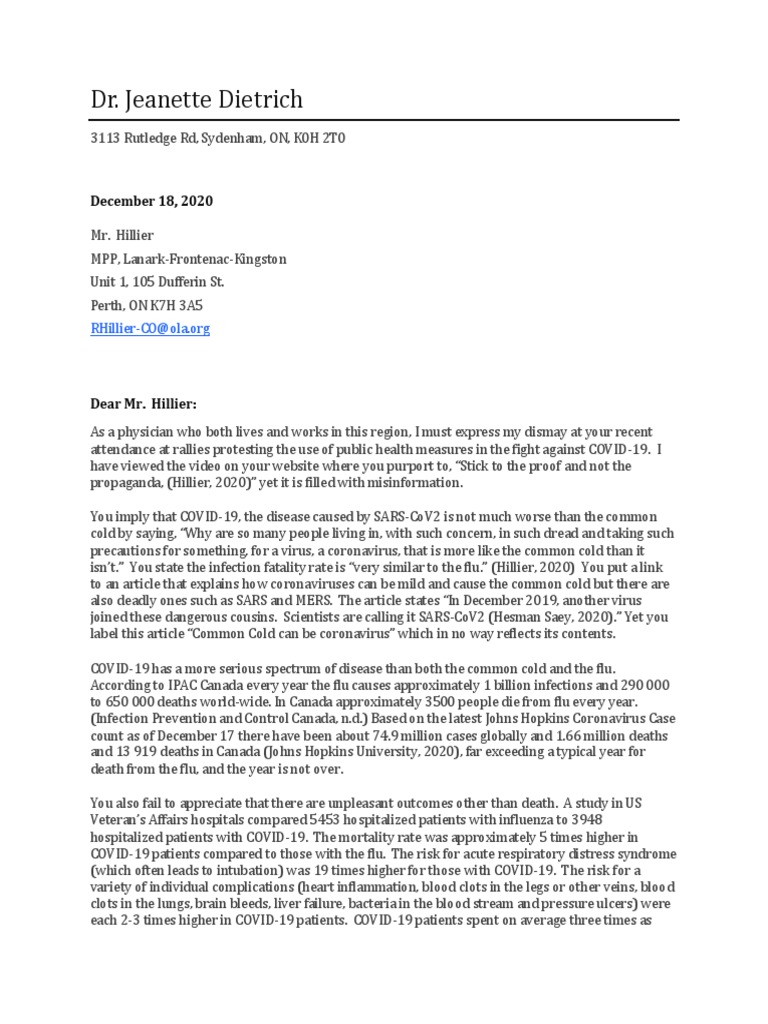 Letter To MPP Hillier - December 18, 2020 | PDF | Influenza | Infection