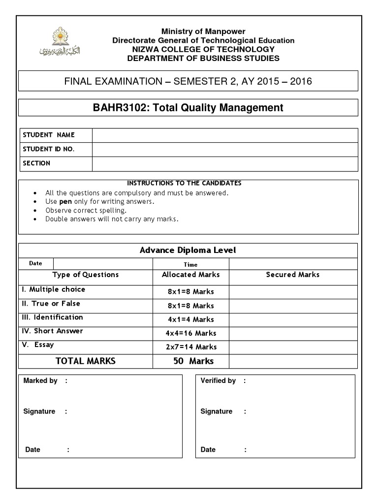 Model Final Exam - Total Quality Management | PDF | Quality Management ...