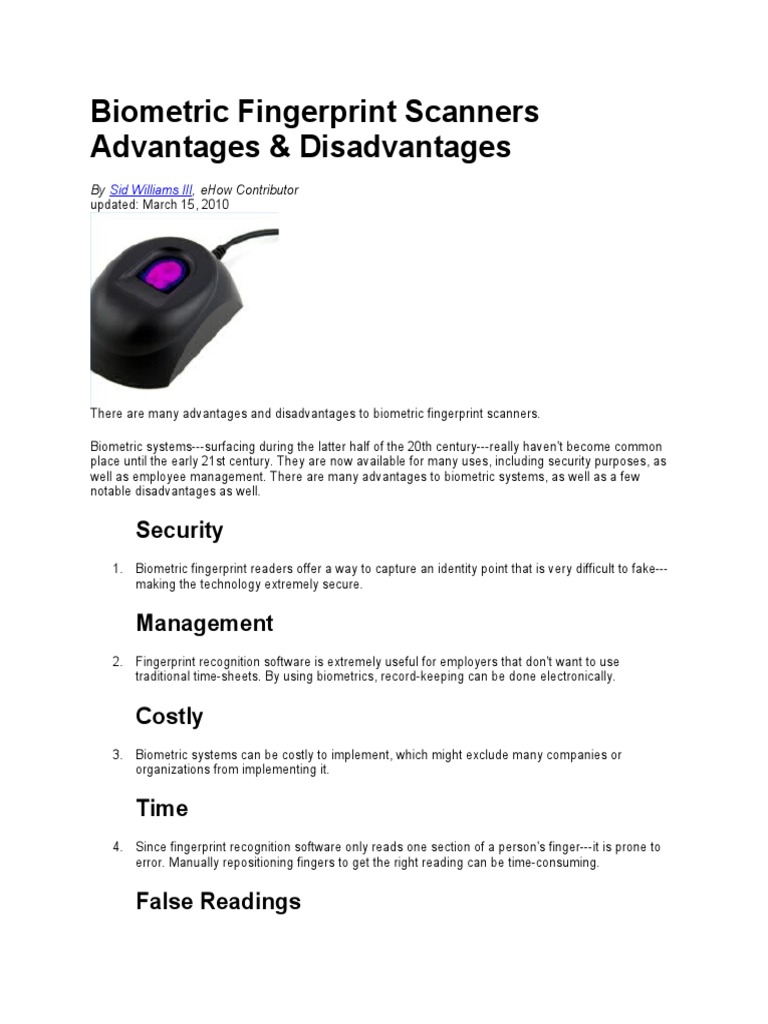 Biometric Fingerprint Scanners Advantages & Disadvantages | PDF