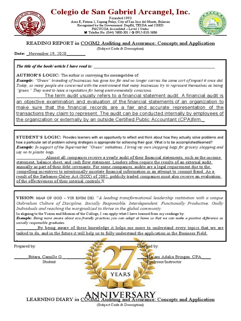 Colegio de San Gabriel Arcangel, Inc.: READING REPORT in COGM2 Auditing ...