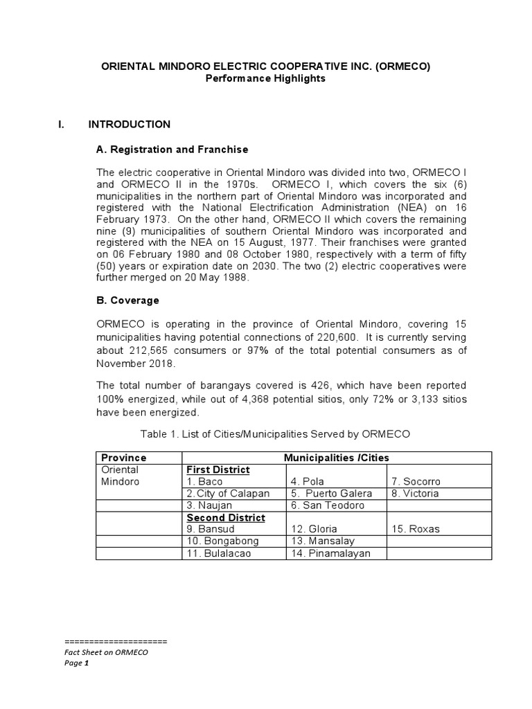 Oriental Mindoro Electric Cooperative Inc. (Ormeco) Performance ...