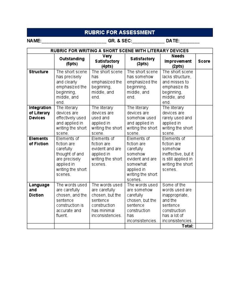 Rubric For Short Scene With Literary Devices | PDF | Rubric (Academic ...