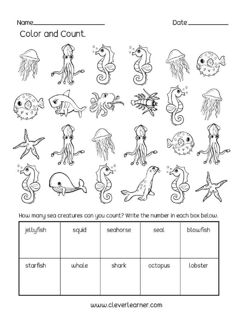 Sea Creatures Color and Count Preschool Worksheet PDF | PDF