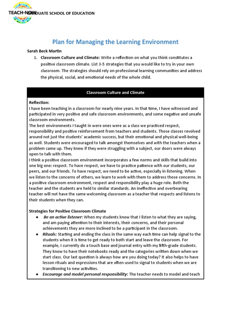 Sarah Beck Martin - Learning Environment Plan | PDF | Teachers | Classroom