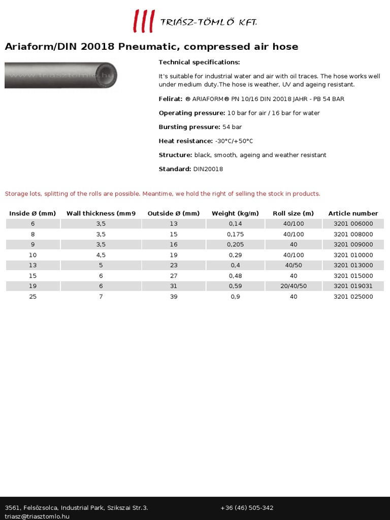 Ariaform/DIN 20018 Pneumatic, Compressed Air Hose | PDF