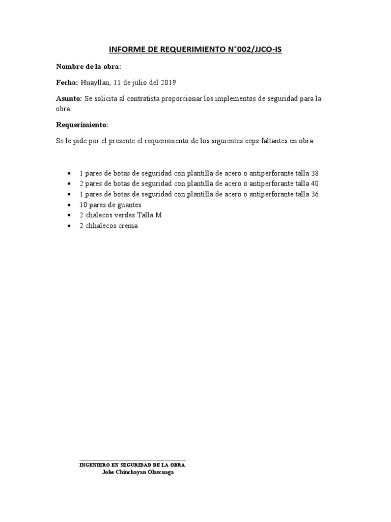 INFORME DE REQUERIMIENTO EPPs 2 | PDF