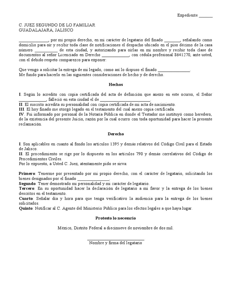 Escrito de Legatario Requeriendo La Entrega de Su Legado | PDF | Legado ...