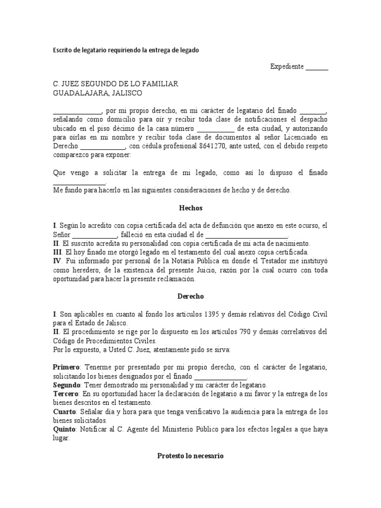 Escrito de Legatario Requiriendo La Entrega de Legado | PDF | Legado ...