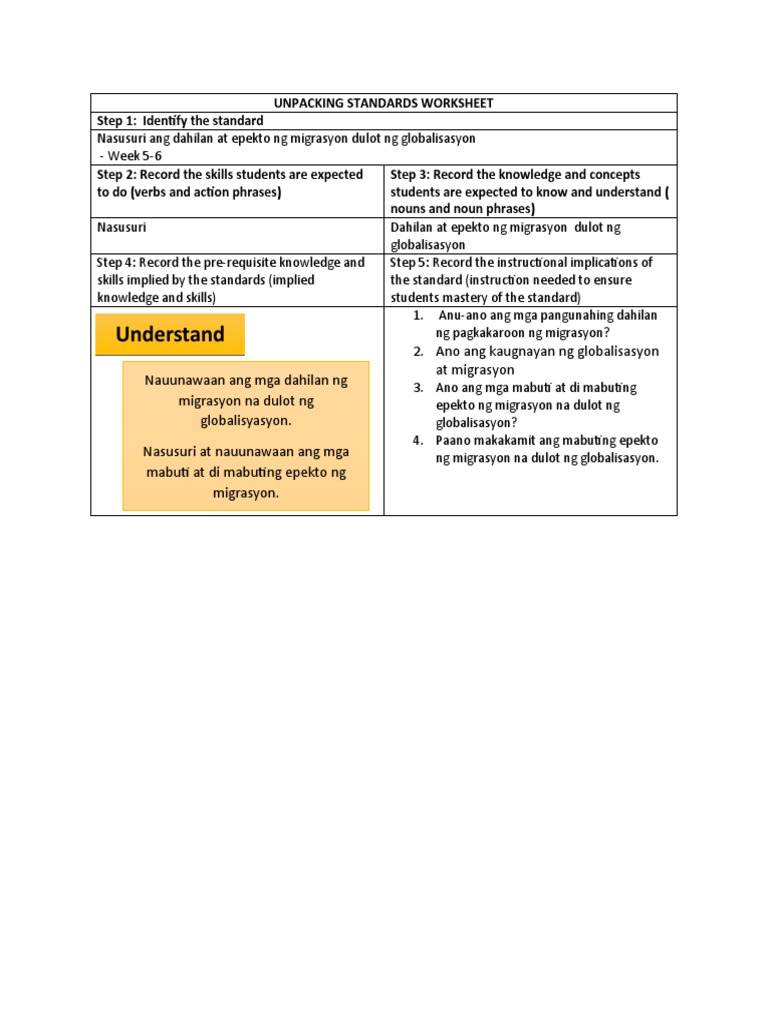 UNPACKING STANDARDS WORKSHEET qtr2wk5 6 | PDF