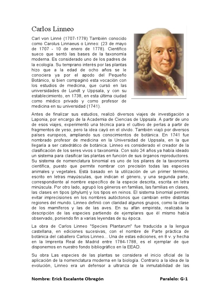 Carlos Linneo: Padre de la Taxonomía | PDF | Taxonomía (biología ...