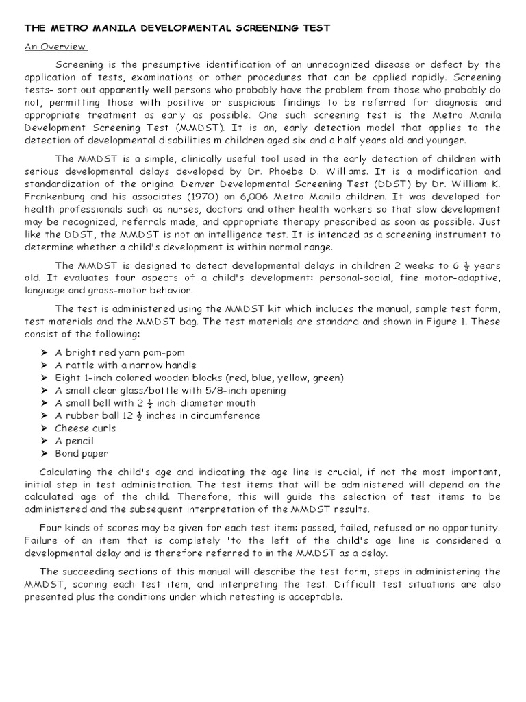 The Metro Manila Developmental Screening Test | PDF | Behavioural ...