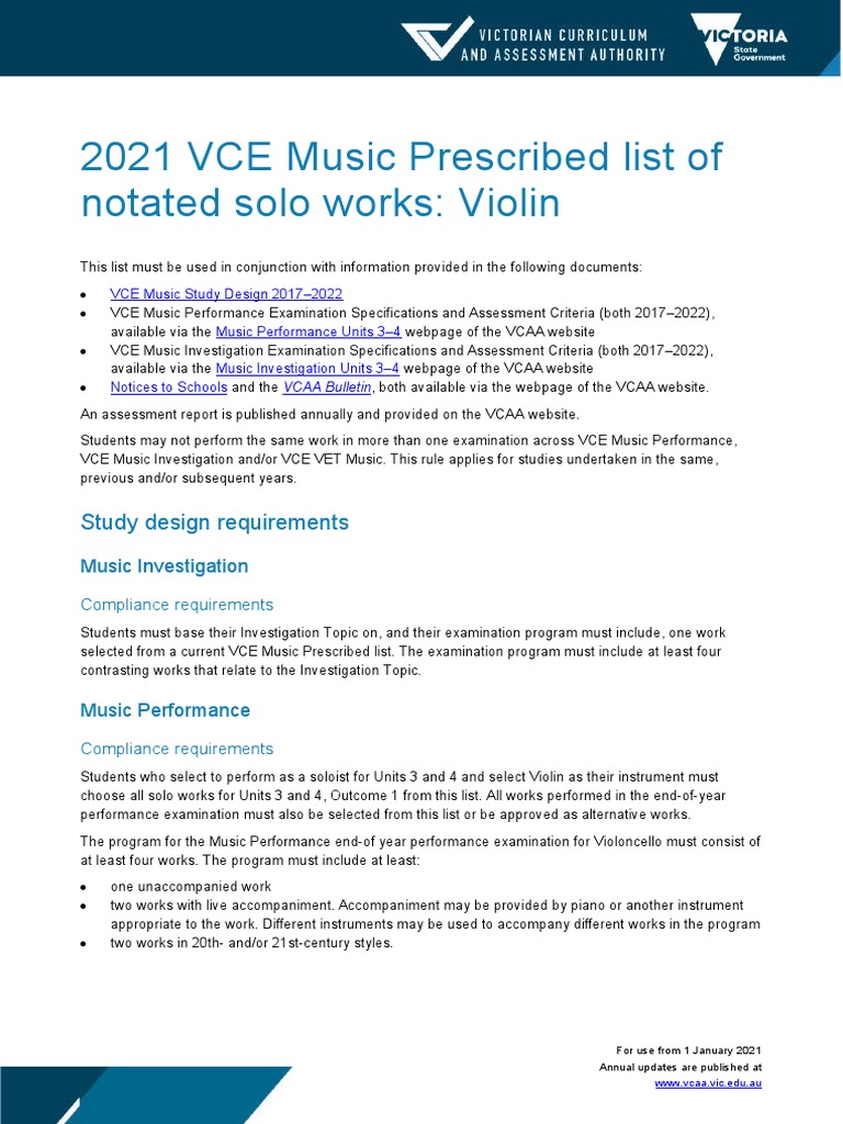 2021 VCE Music Prescribed List of Notated Solo Works: Violin | PDF ...
