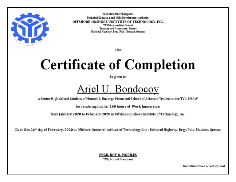 Work Immersion Certificate | PDF