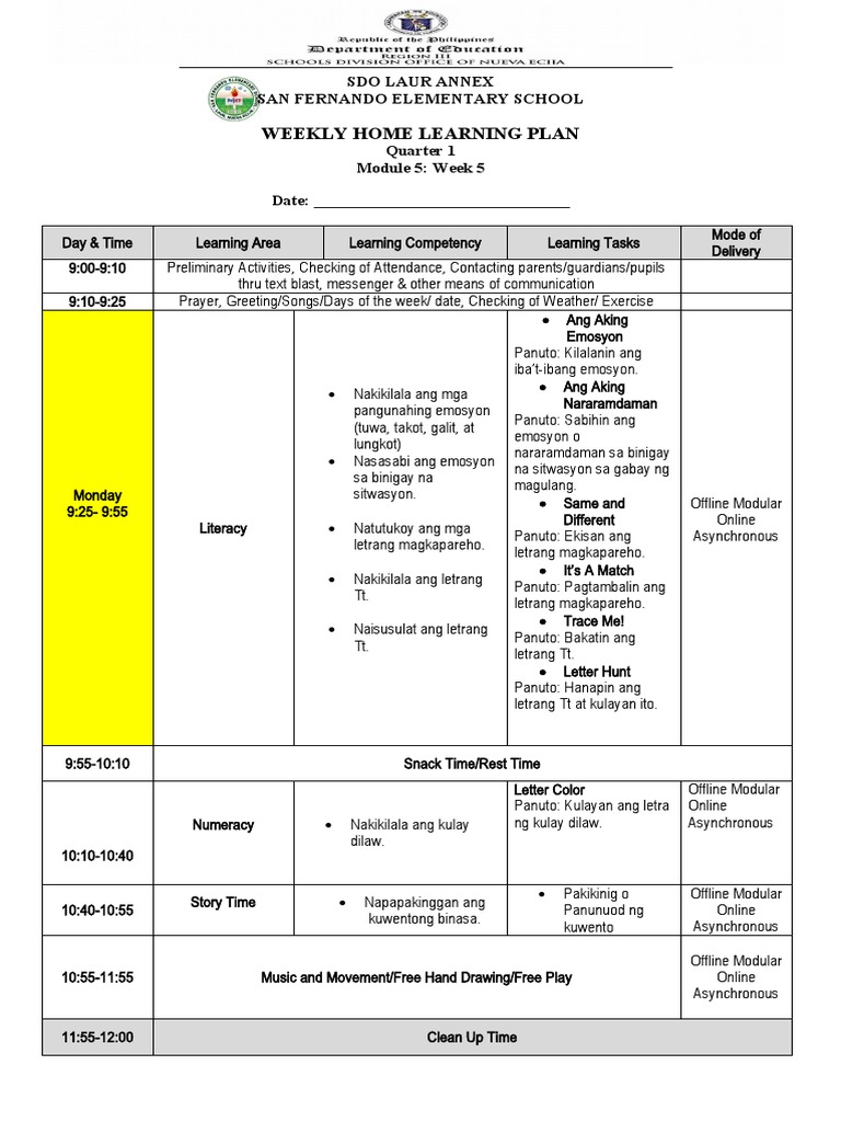 Week 5 KIndergarten Weekly Home Learning Plan | PDF