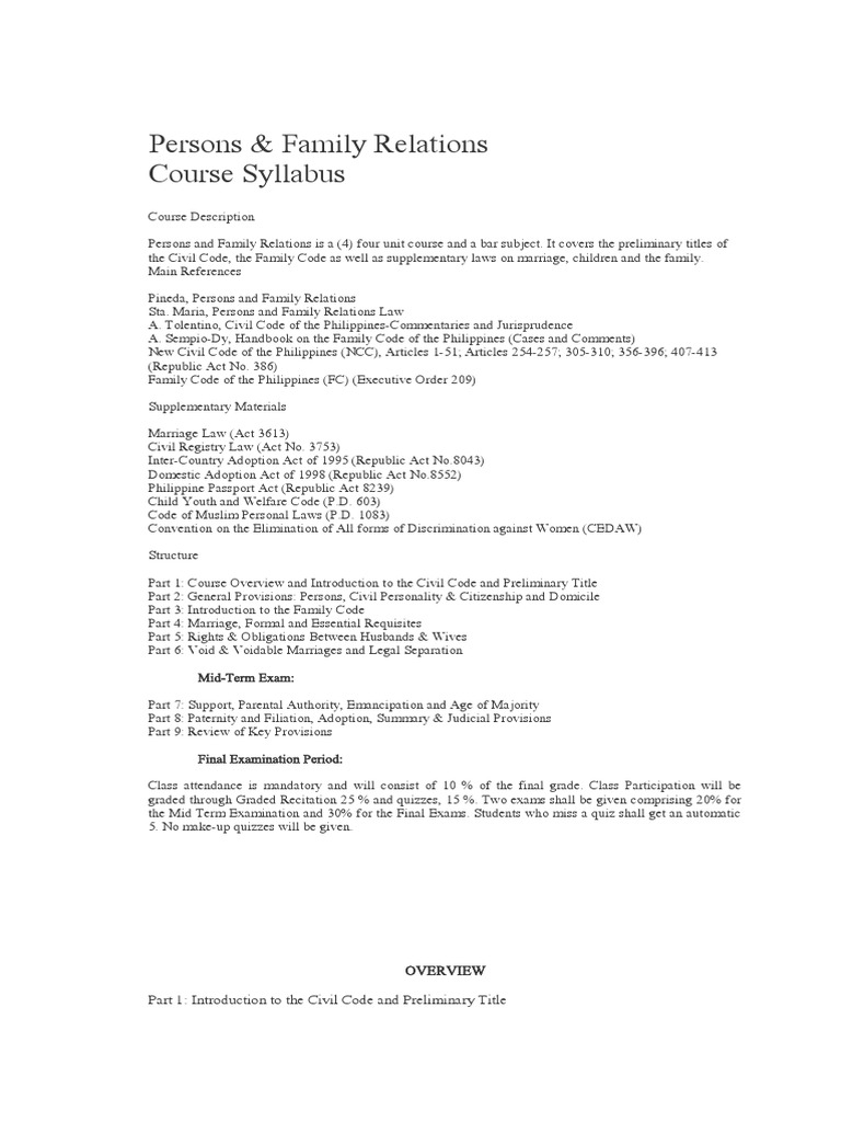 Persons & Family Relations Course Syllabus: Part 1: Introduction To The ...