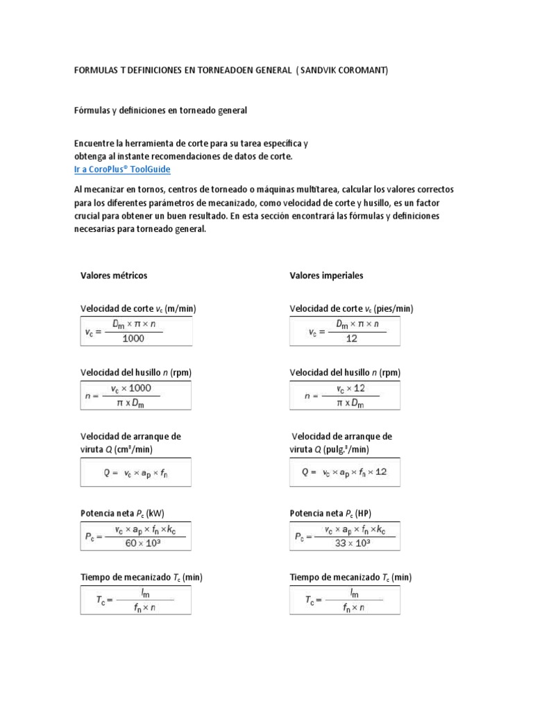 Fórmulas y Definiciones en Torneado General SANDVIK WORD | PDF ...