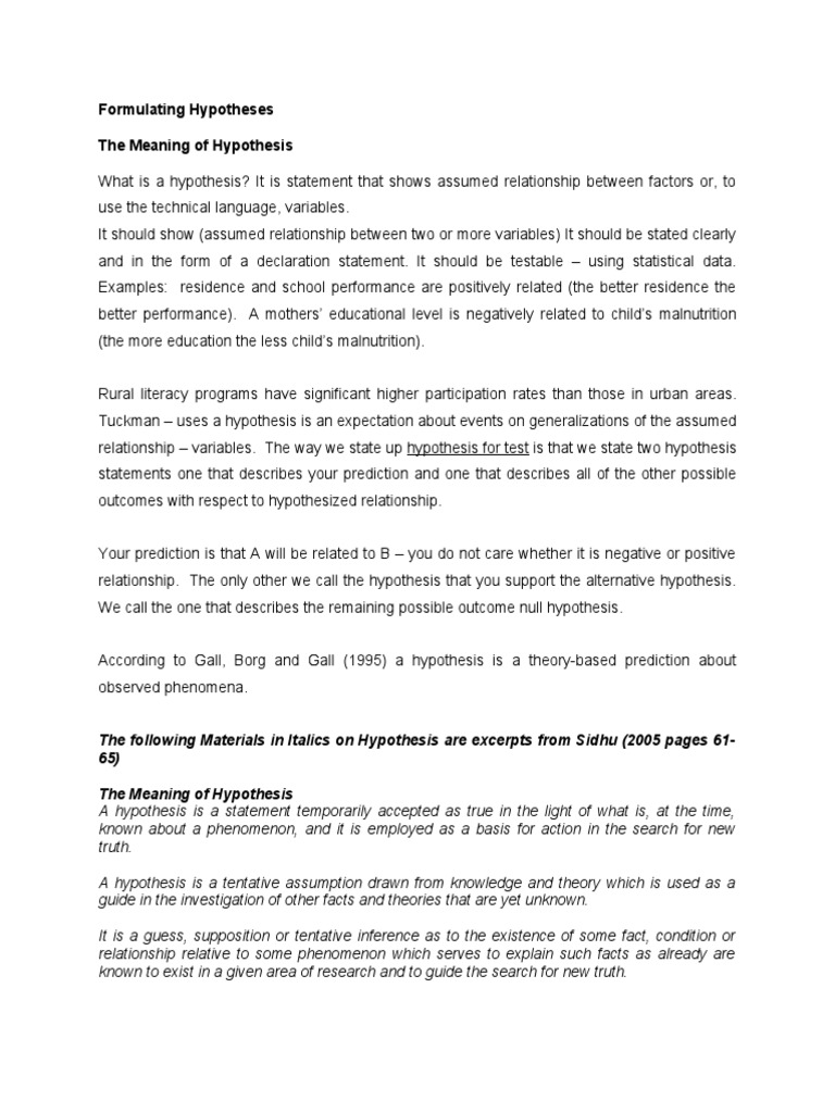 Formulating Hypotheses The Meaning of Hypothesis | PDF | Null Hypothesis | Hypothesis
