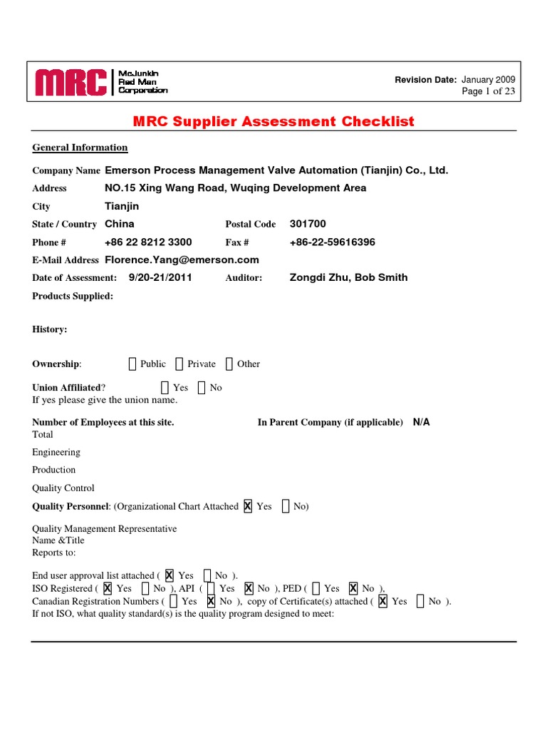 MRC Supplier Assessment Checklist: Revision Date: January 2009 | PDF ...