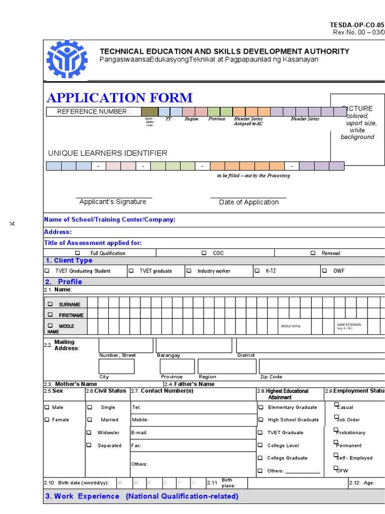 Application Form: Technical Education and Skills Development Authority ...