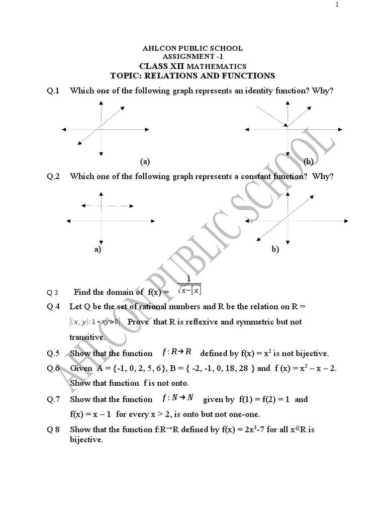 Class Xii Topic: Relations and Functions: Ahlcon Public School Assignment - 1 Mathematics | PDF ...