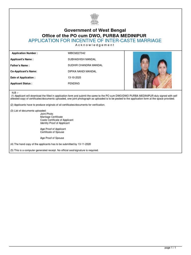 Application for Incentive of Inter-Caste Marriage between Subhashish ...