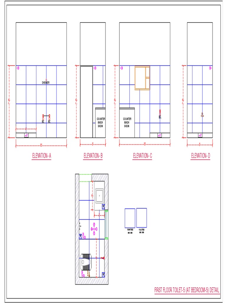 Detail Floor Plan and Elevations of a Bathroom with Toilet and Shower ...