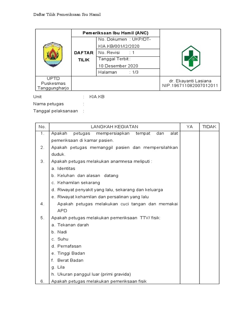 Daftar Tilik Pemeriksaan Anc | PDF
