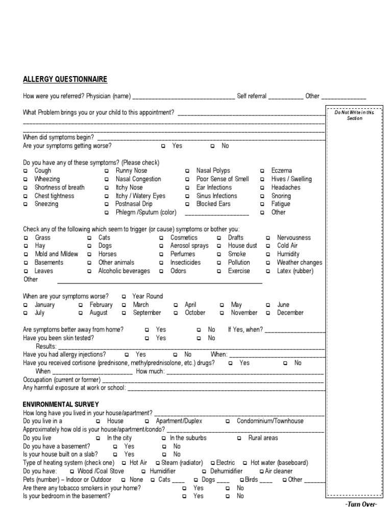 AllergyQuestionnaire PDF | PDF | Medical Specialties | Diseases And ...