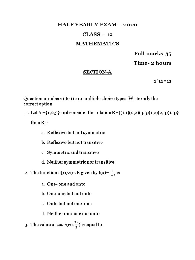 HALF YEARLY EXAM Class 12 | PDF | Matrix (Mathematics) | Function (Mathematics)