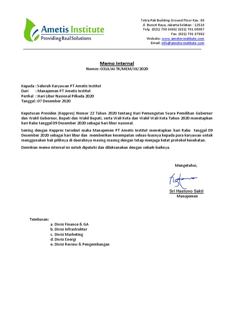 Memo Internal Hari Libur Nasional Pilkada 2020 | PDF