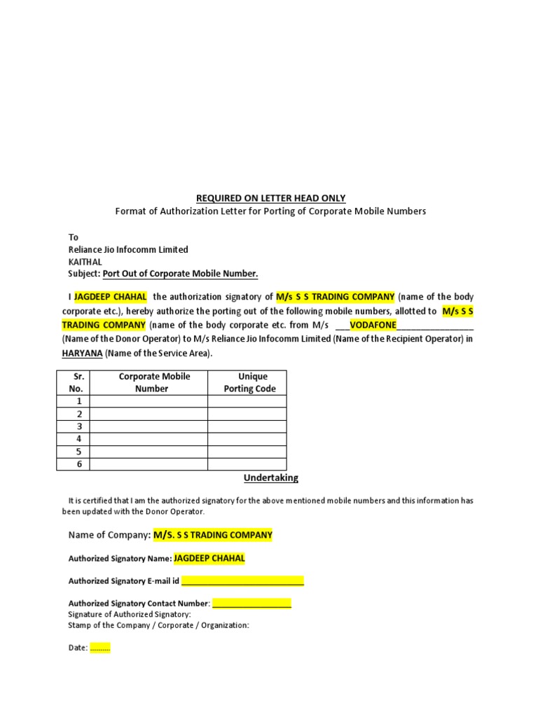 Format of Authorization Letter For Porting of Corporate Mobile Numbers ...