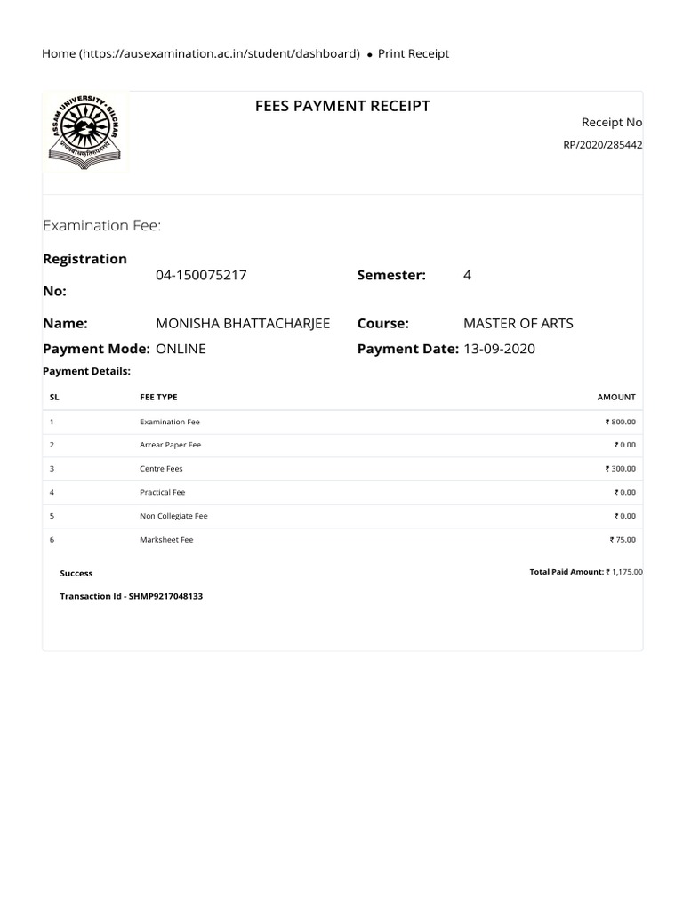 Examination Fee:: Fees Payment Receipt | PDF