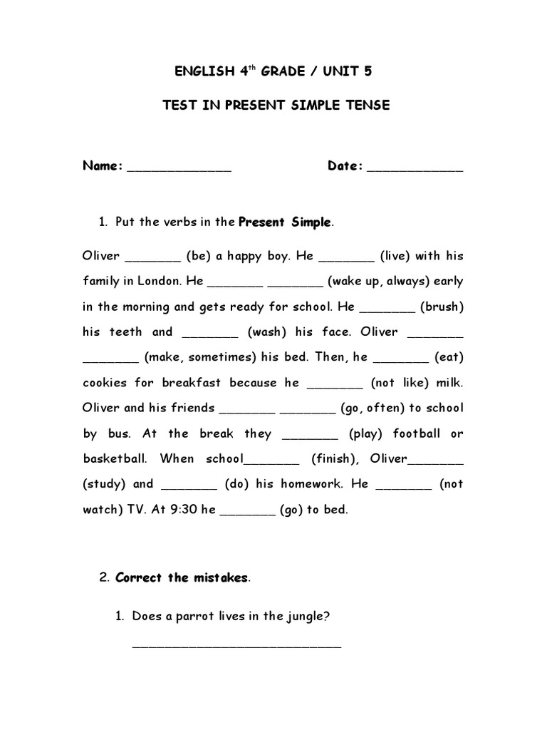 Assessing Present Simple Tense Comprehension: A 4th Grade English Test ...