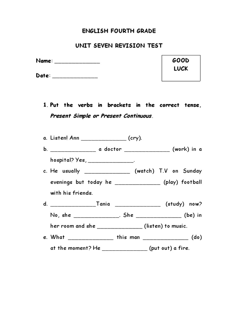 English Fourth Grade Unit Seven Revision Test Name: - Date: - Good Luck ...