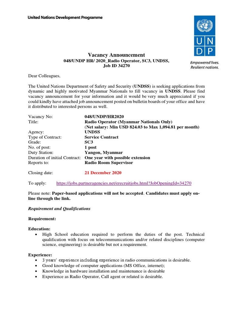 Vacancy Announcement: 048/UNDP HR/ 2020 - Radio Operator, SC3, UNDSS ...