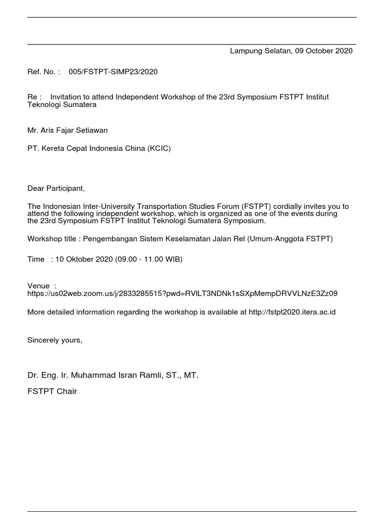 Simnas FSTPT Workshop Invitation Letter | PDF