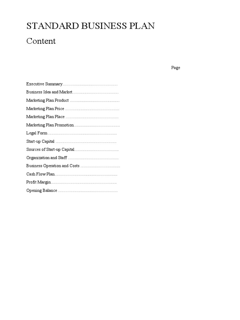 Standard Business Plan: Content | PDF | Credit | Finance & Money Management