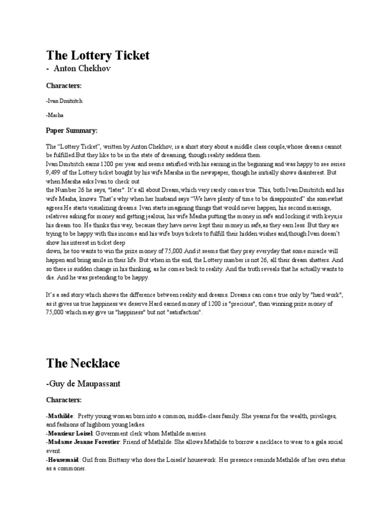 The Lottery Ticket: - Anton Chekhov | PDF | Jewelry | Design